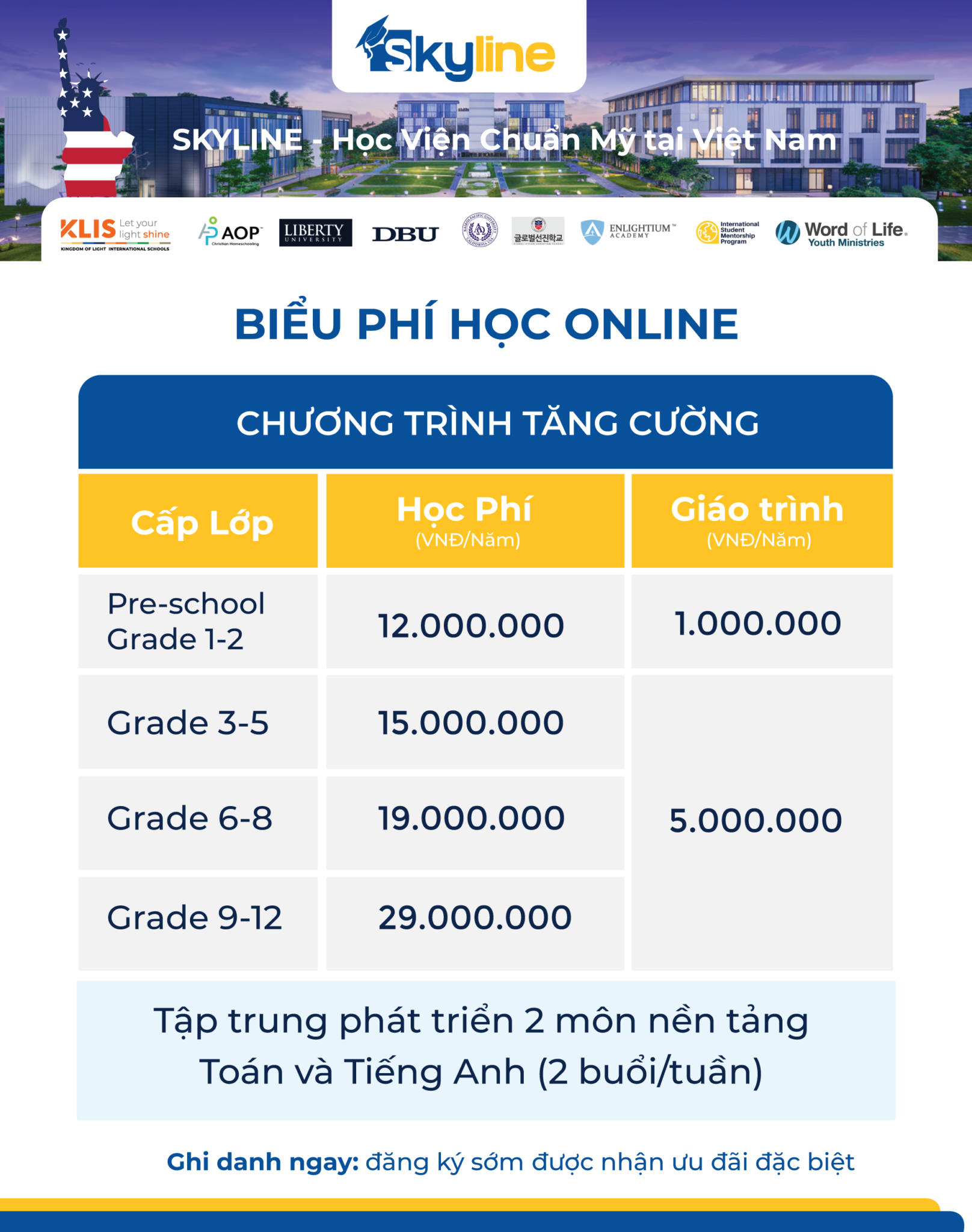 Học Phí Tú Tài Tăng Cường | Skyline Academy Học phí Tiếng anh tăng cường Skyline